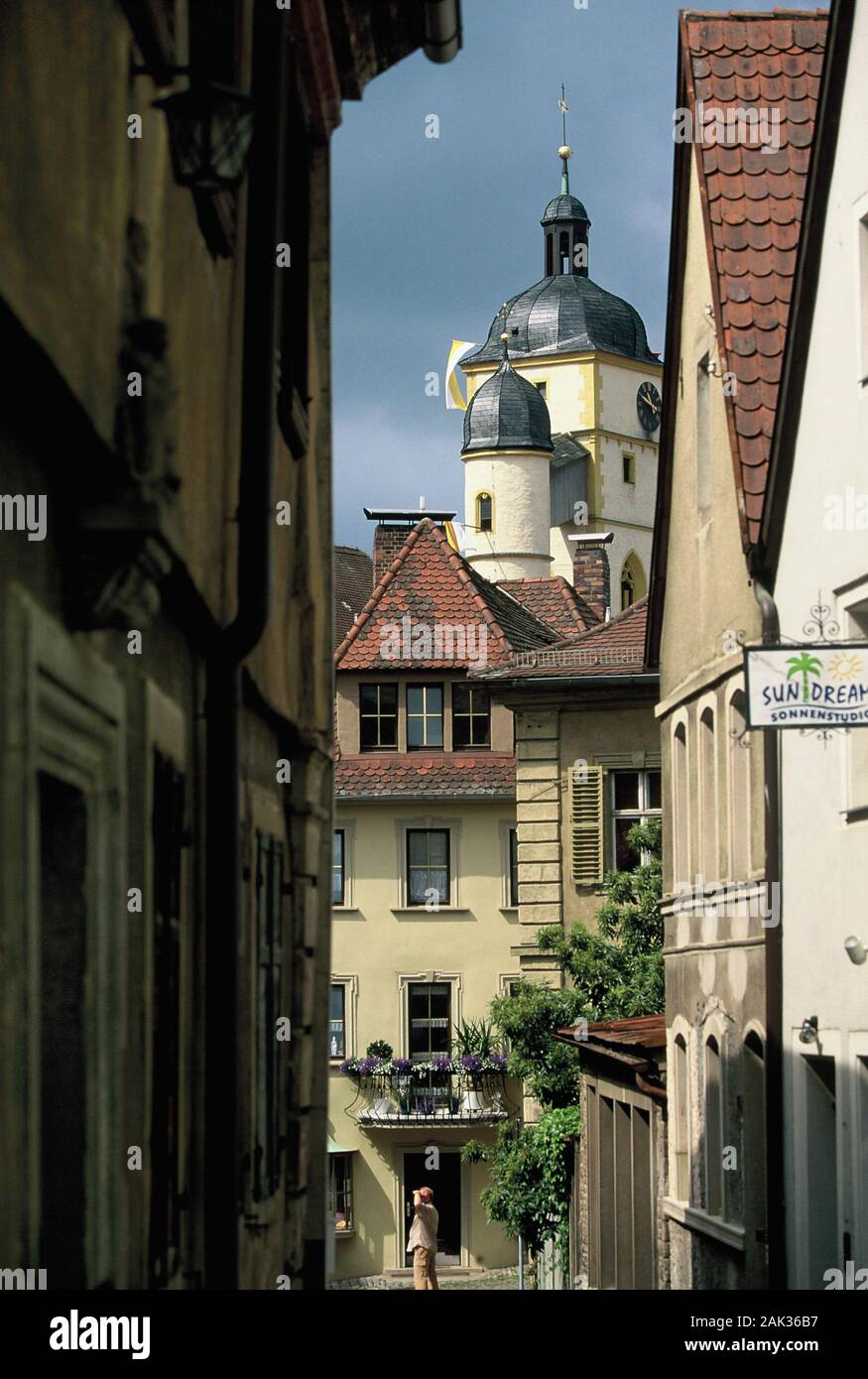 View of the steeples of the parish church St. Augustinus in Dettelbach ...