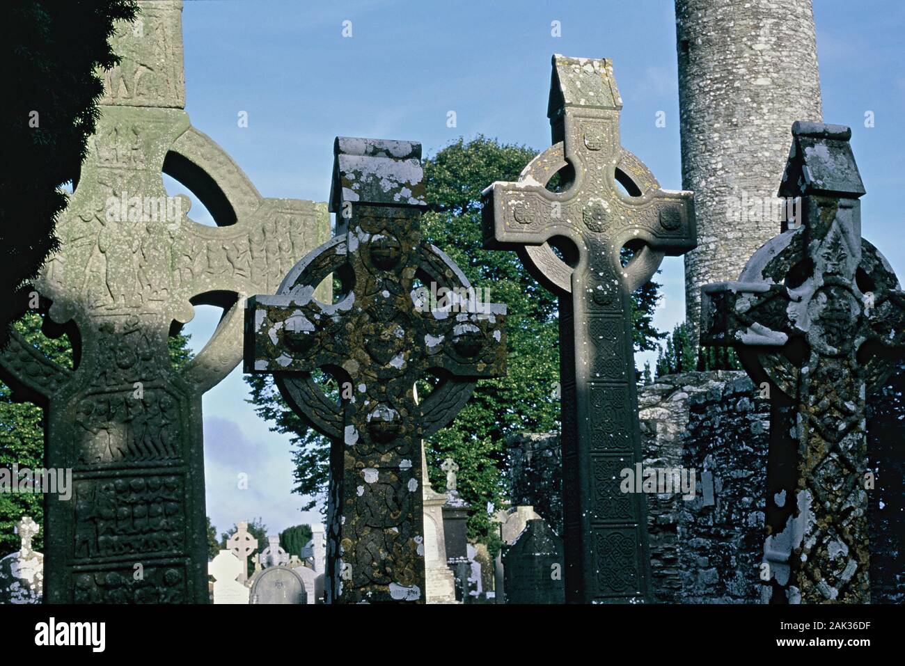 Three celtic crosses made from sandstone stand on the cemetery of the ...