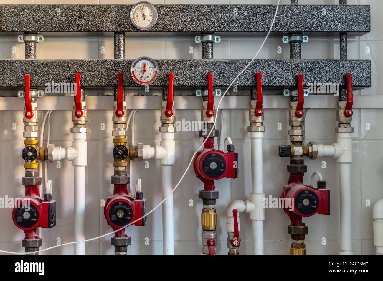 Heating system switch in the boiler room of a private house Stock Photo ...