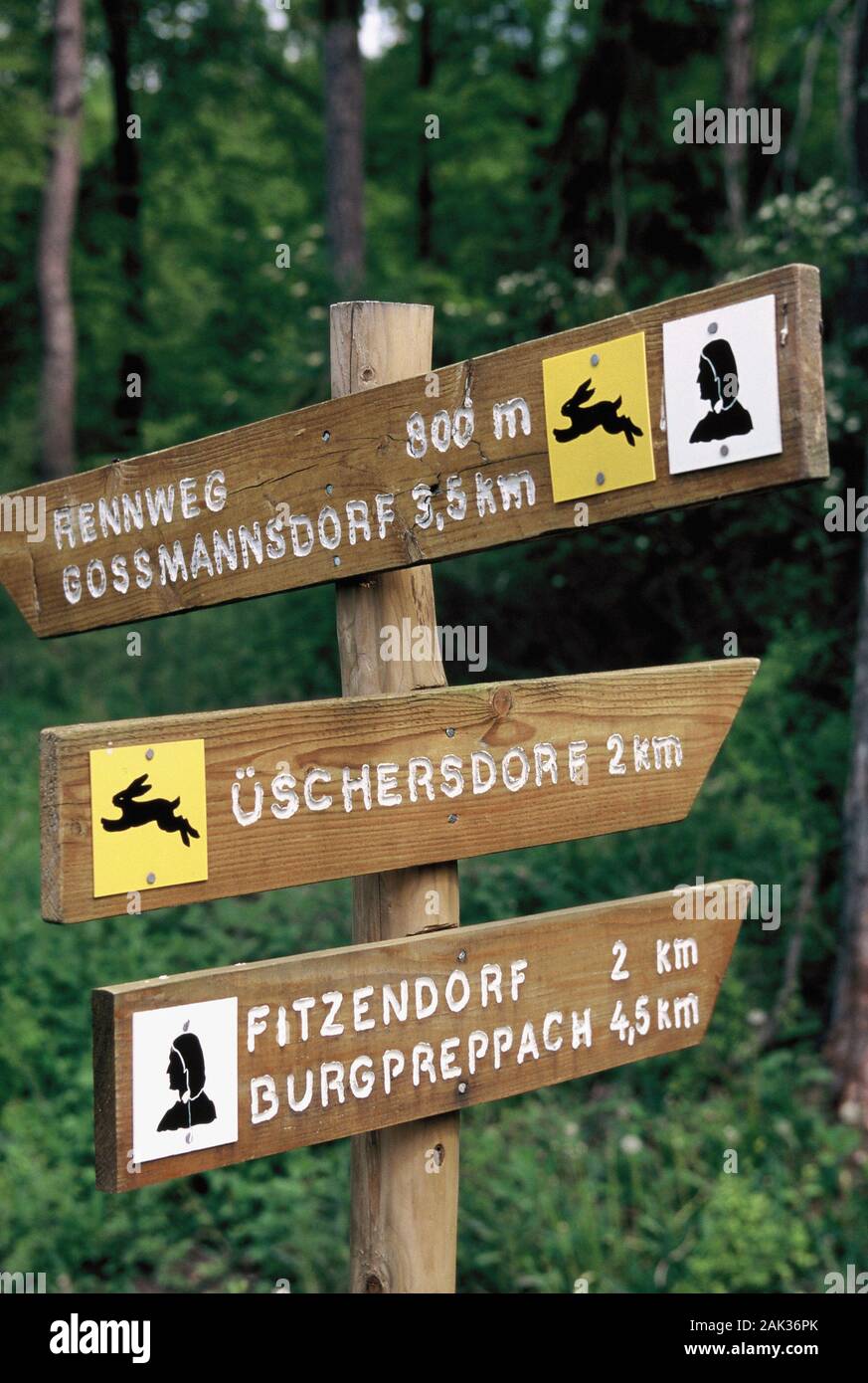 View of road signs marking hiking trails in the Haßberge, a mountain ...