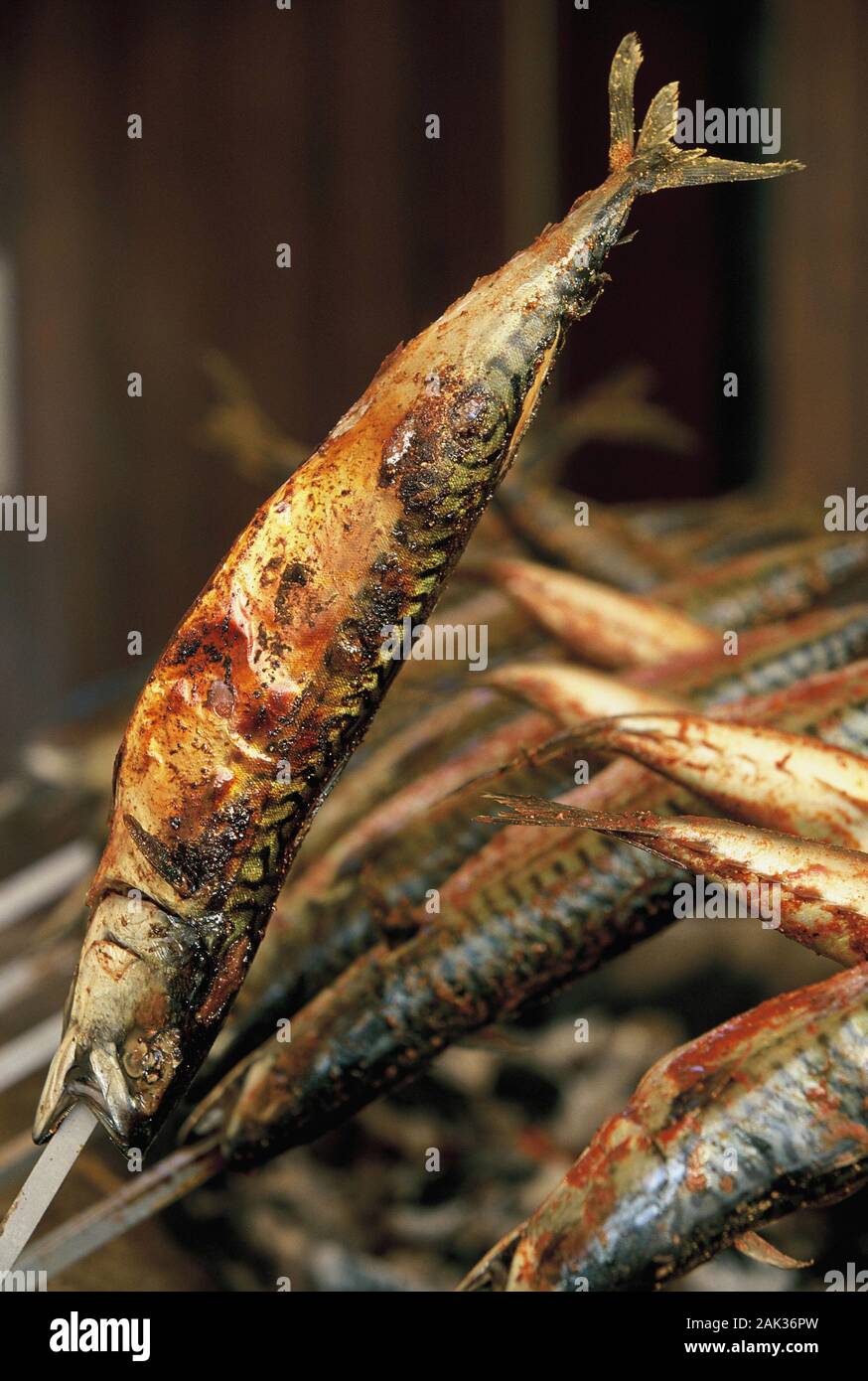 View of grilled fish on a spit, in Franconian dialect called ...