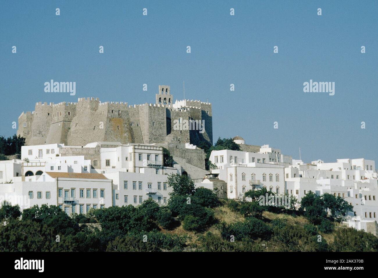 View of the Johannes monastery above Chora on the island Patmos, Greece ...