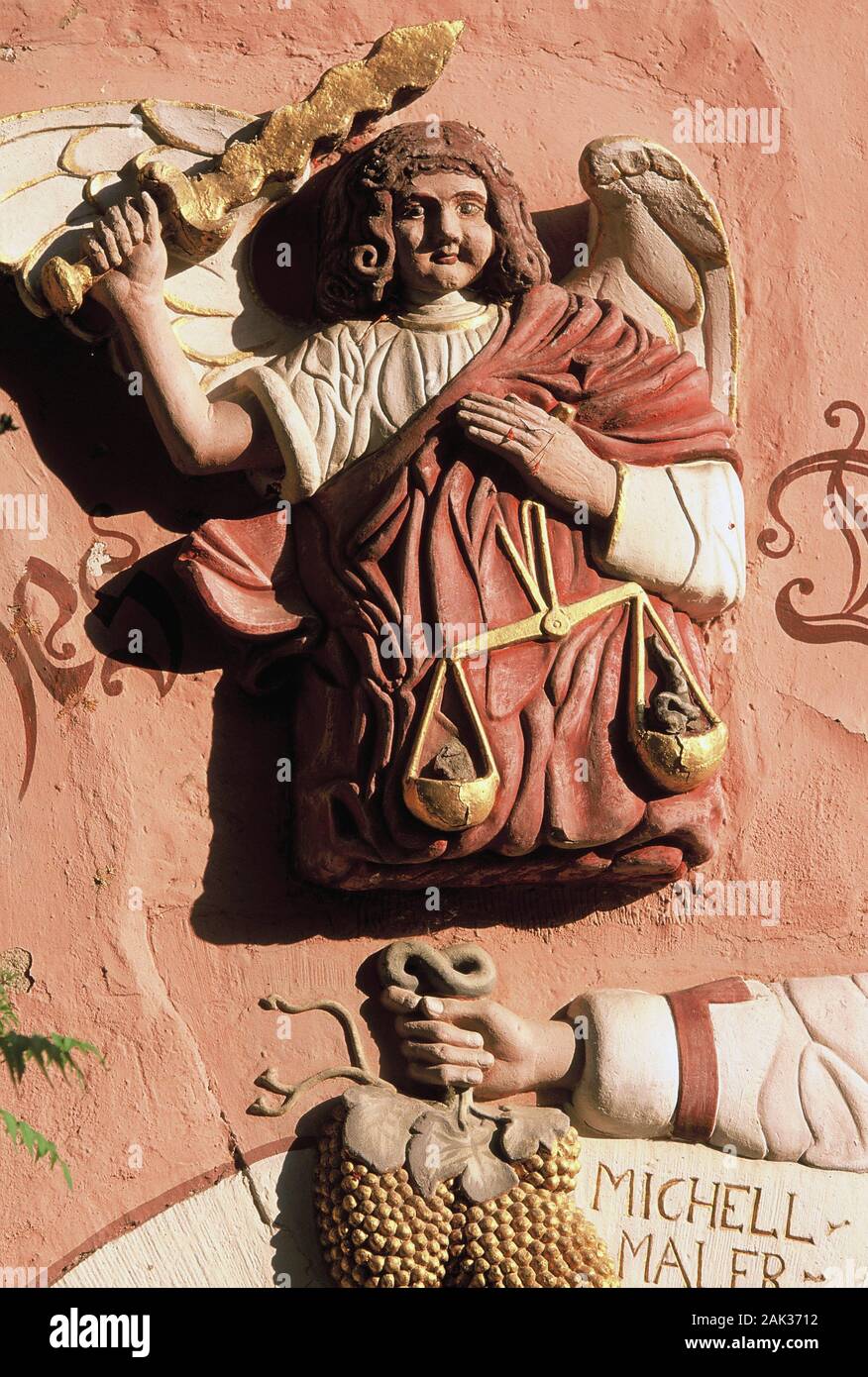 View of a relief showing the archangel Gabriel holding a pair of scales ...