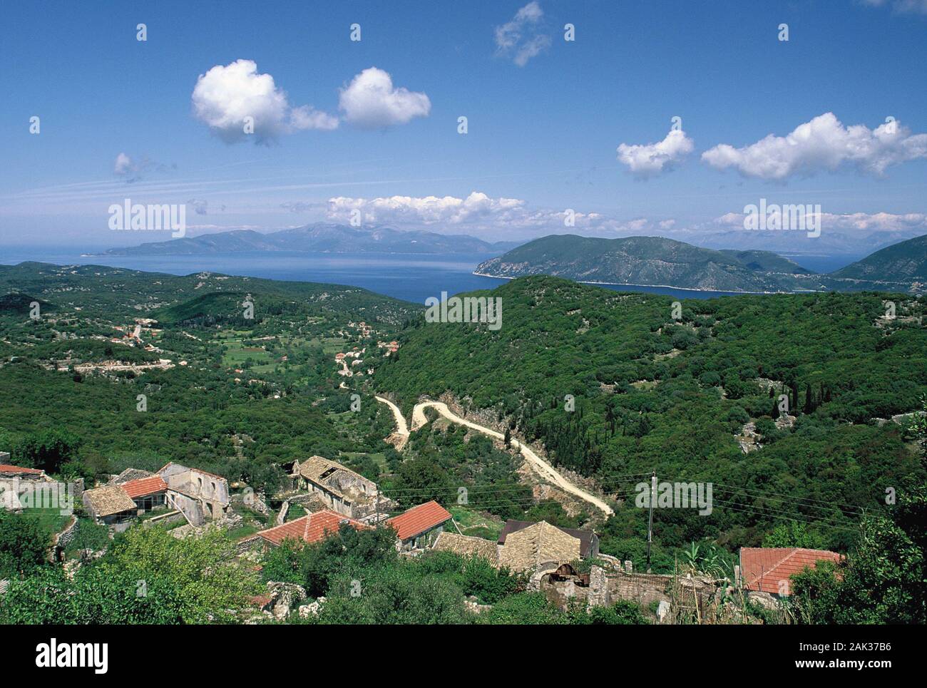 View of Vari on the island Kefallonia over the strait away to Ithaka ...