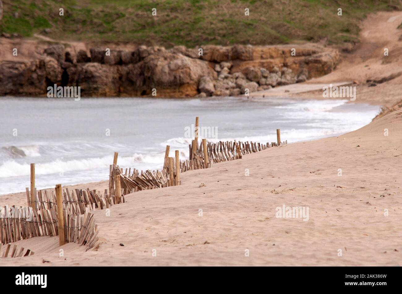 Sand trap fencing,Sandhaven beach, South Shields, South Tyneside Stock ...
