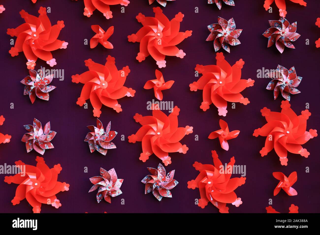 Photo of Japanese windmill toys decorated a lot on purple wall as ...