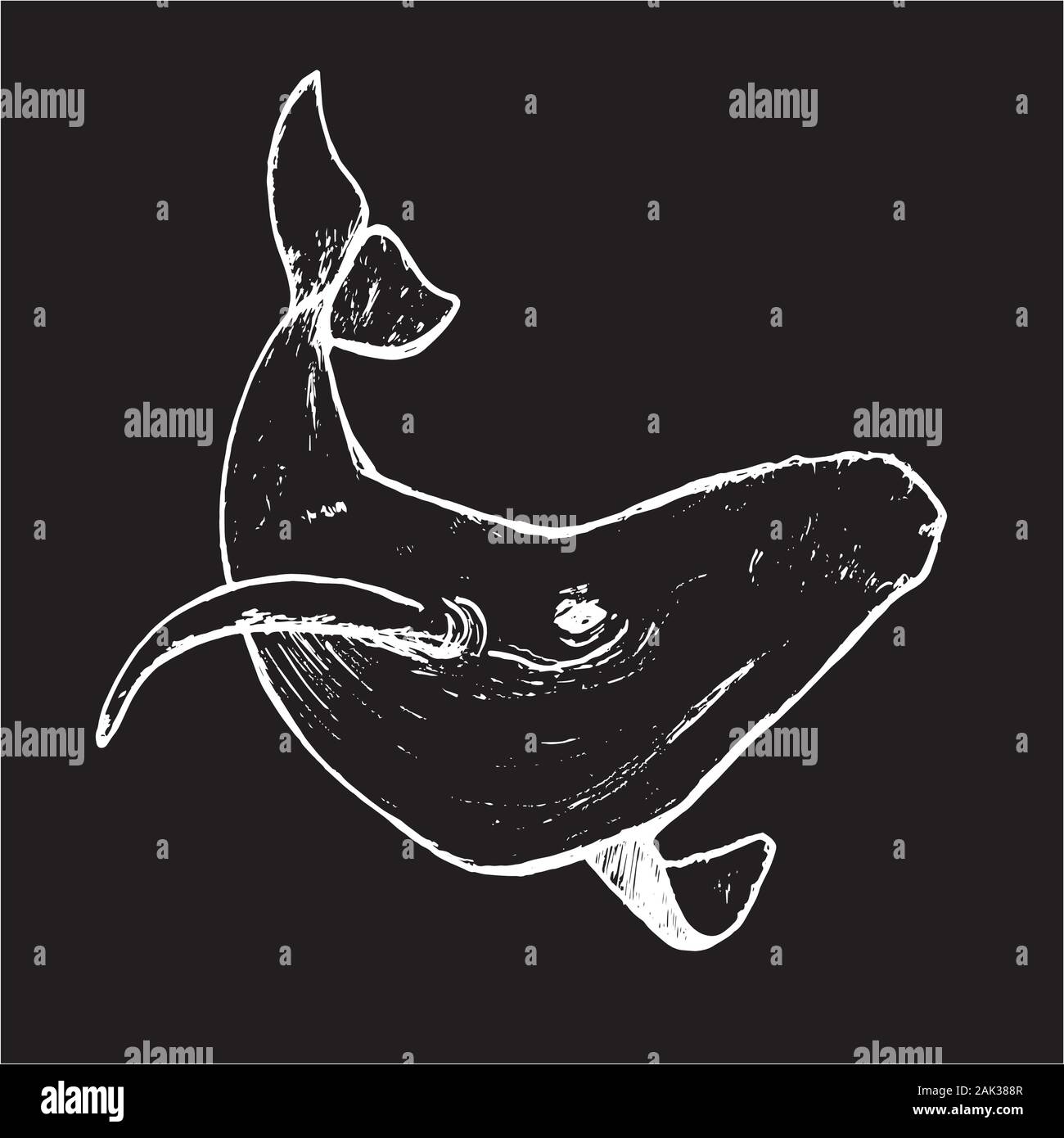 Black and white whale illustration. Drawing of a sea animal. Chalk on a ...