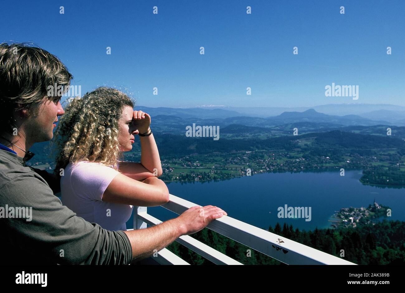View of the Look-out Pyramidenkogel to the lake Woerthersee, Austria ...