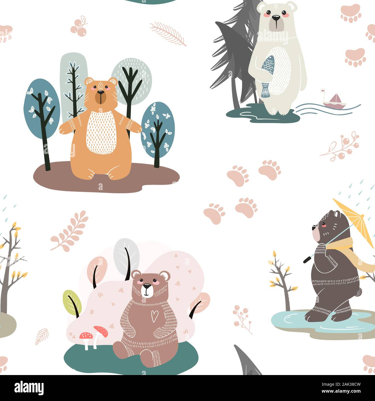 Seamless pattern with cute bears and different elements. Vector ...