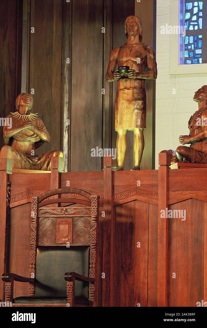Carved figures decorate the Faleuni Cathedral on the island of Tutuila ...
