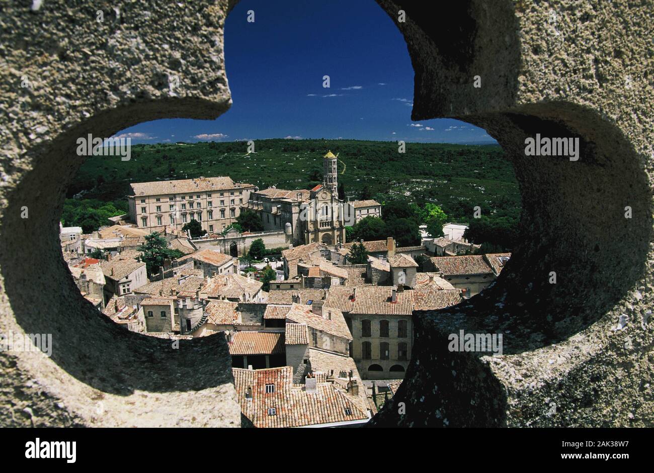 View of the town Uzes and the Tour Fenestrelle in a shamrock shaped ...