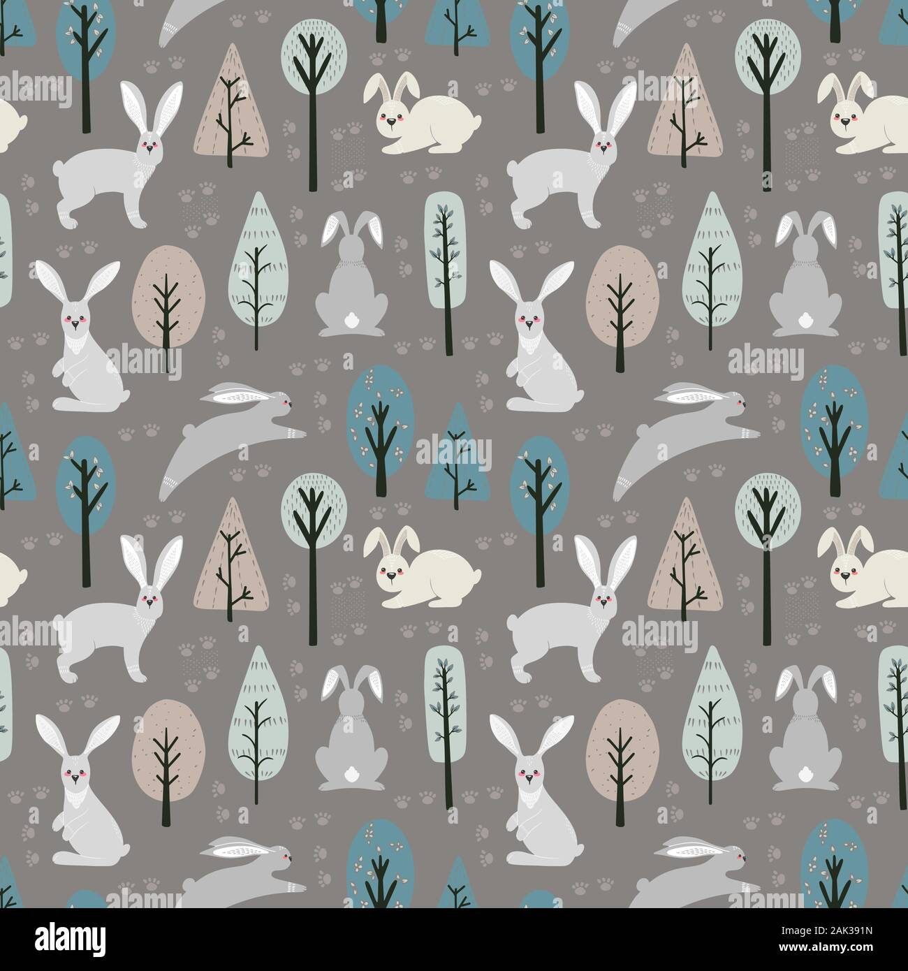 Seamless pattern with hare, rabbit and different elements. Illustration ...