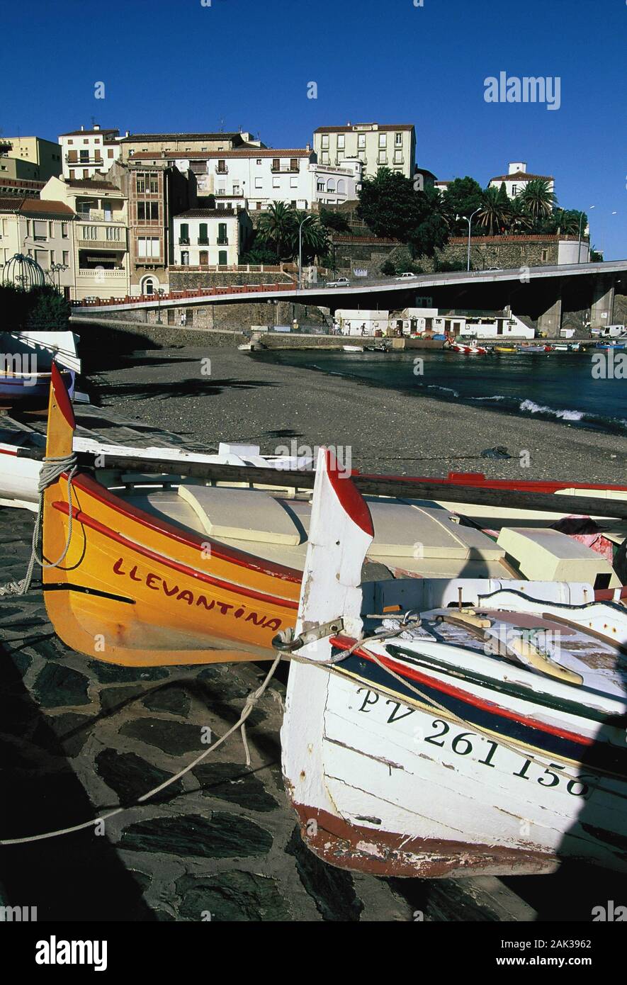The picture shows typical fishing boats at the beach in Cerbere, France ...