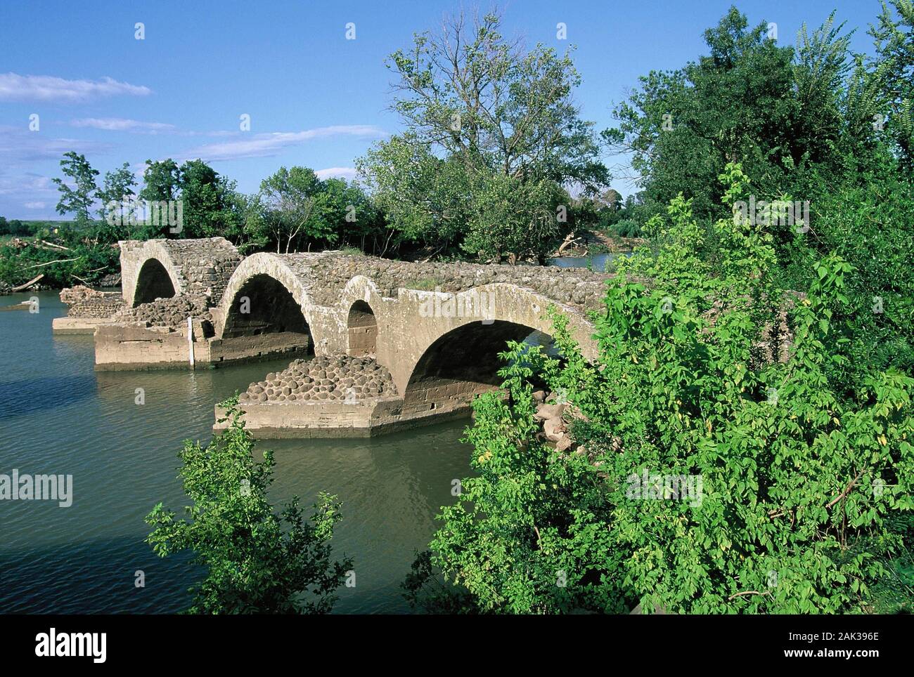 View of the remains of a Roman brigde over the Herault at St. Thibery ...