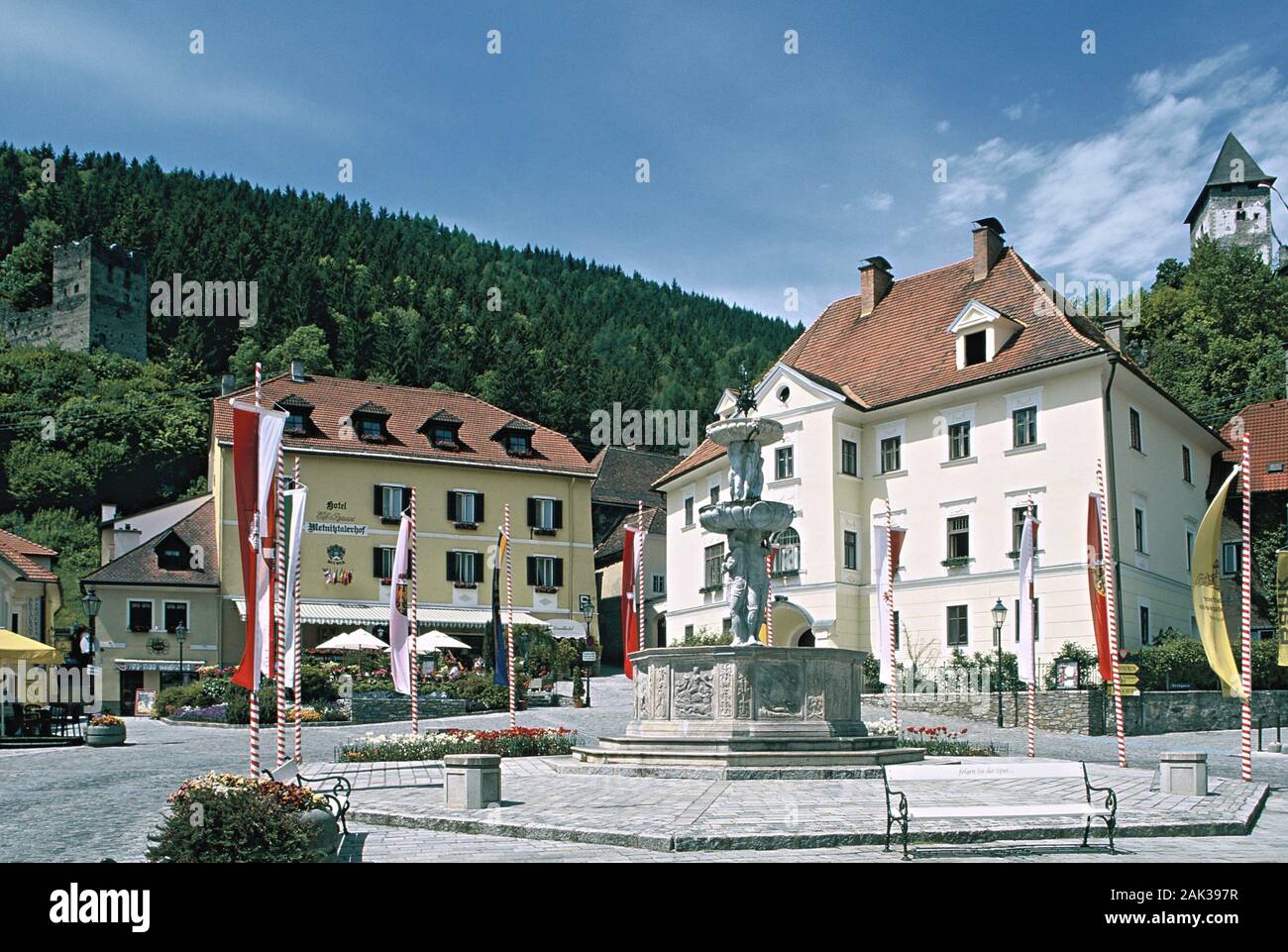 View of the central place in the town Friesach, Austria, with its city ...