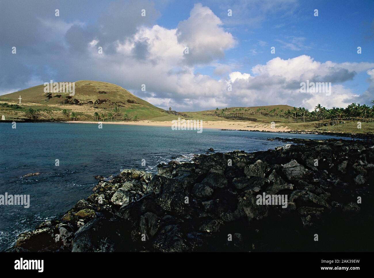 View of a bay on the Easter Island. The volcanic Easter Island is ...