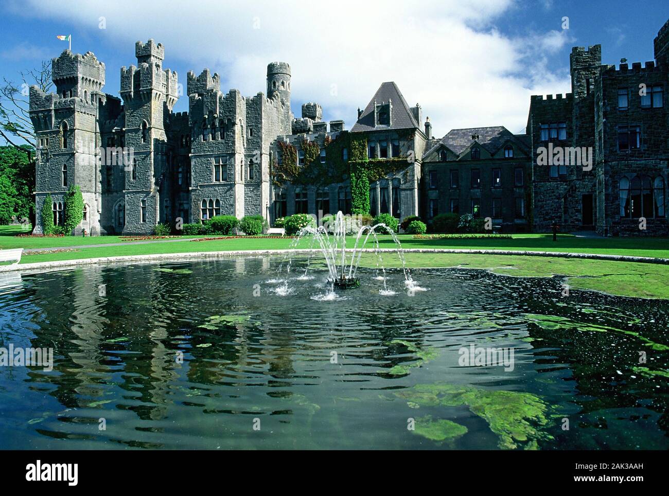 View of the towers of Ashford Castle in Cong. Nowadays the medieval ...