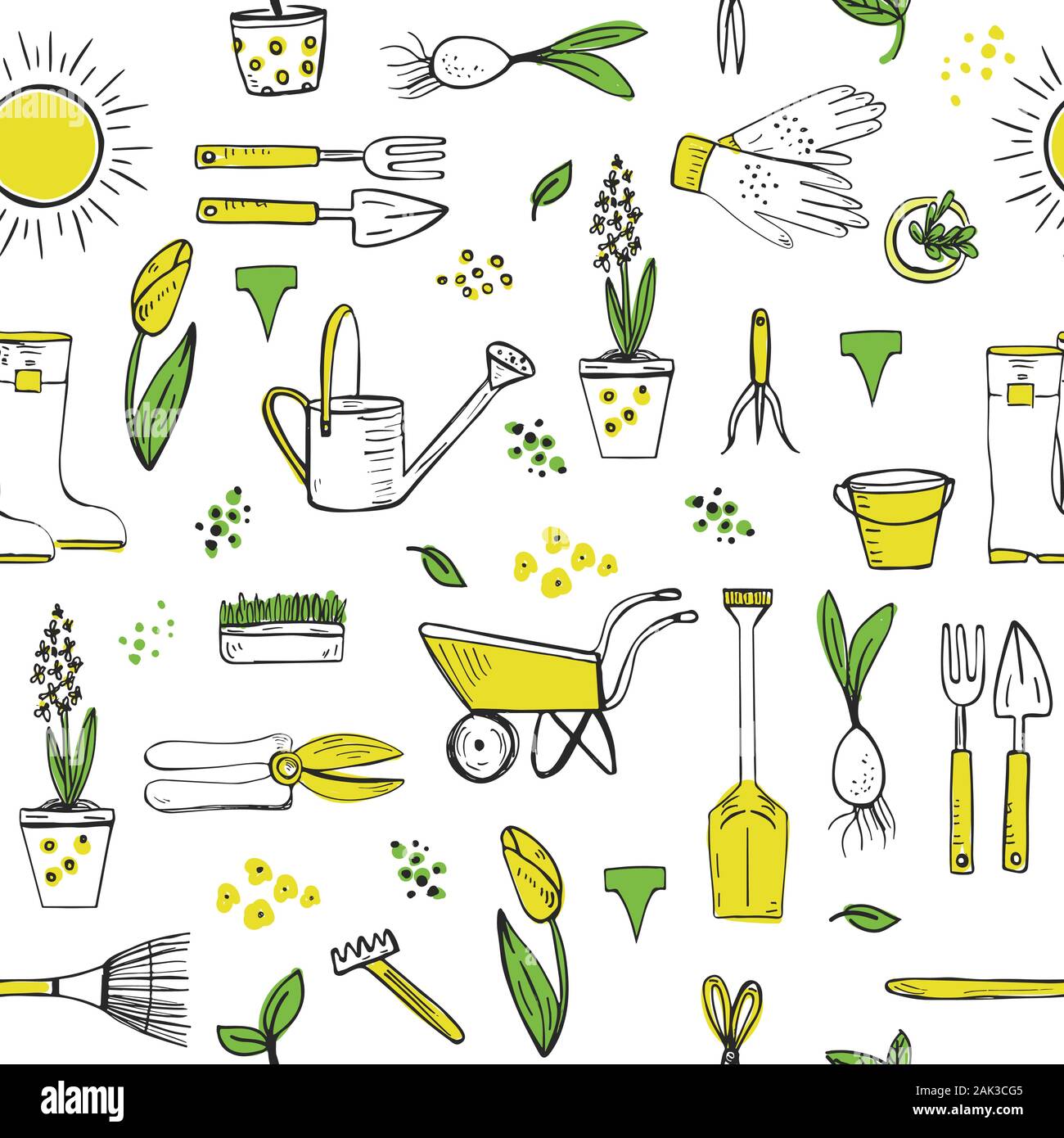 Spring garden seamless pattern. Hand drawn garden elements, plants and ...