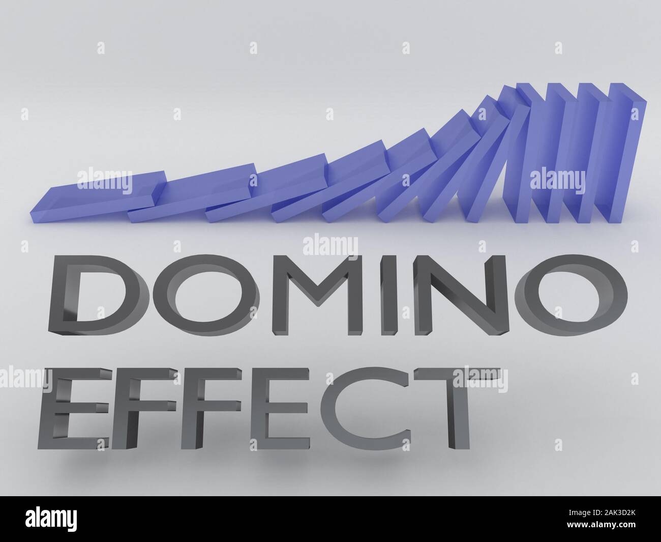 3D illustration of DOMINO EFFECT title under collapsing array of ...