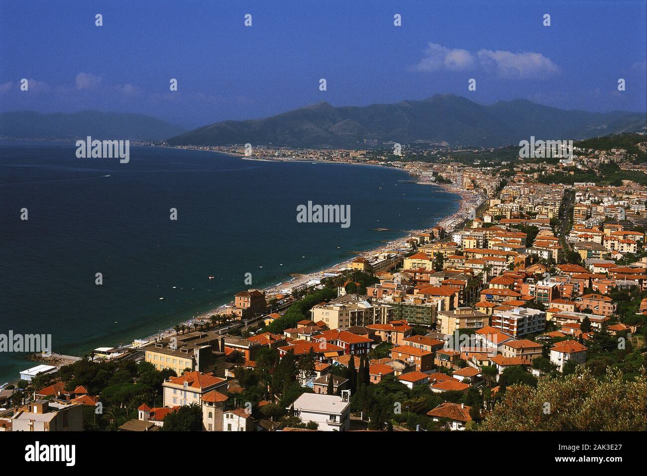 Picturesque view of the beaches and the towns of the Riviera di Ponente ...