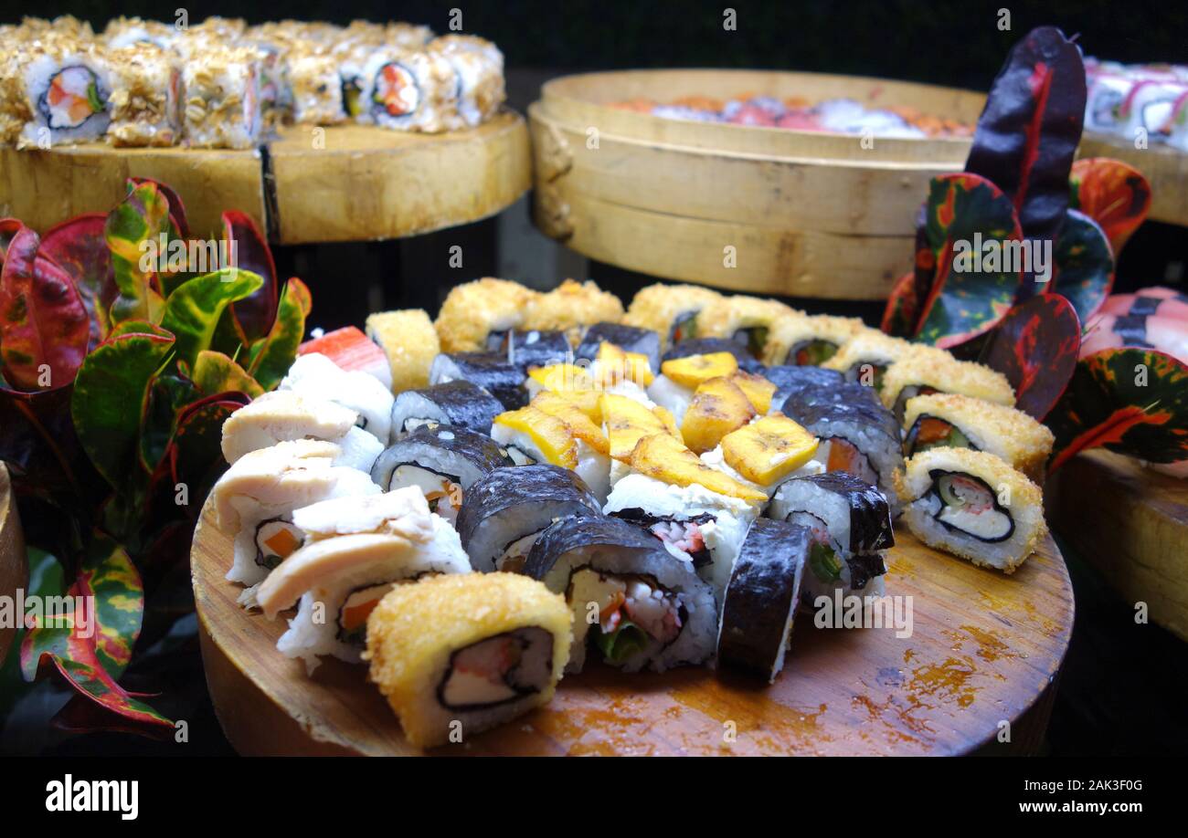 Sliced Raw Makizushi Japanese Fish Sushi on Display in the Buffet at ...