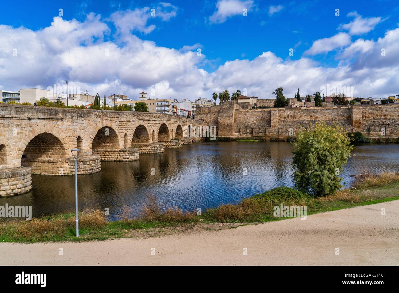 Puente Romano, the Roman Bridge in Merida, Extremadura, Spain. It is ...