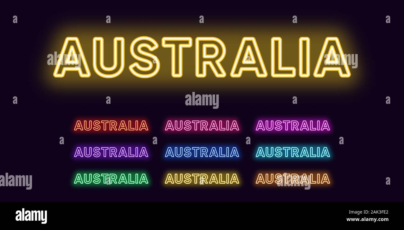 Neon Australia name, country in Oceania. Neon text of Australia. Vector ...