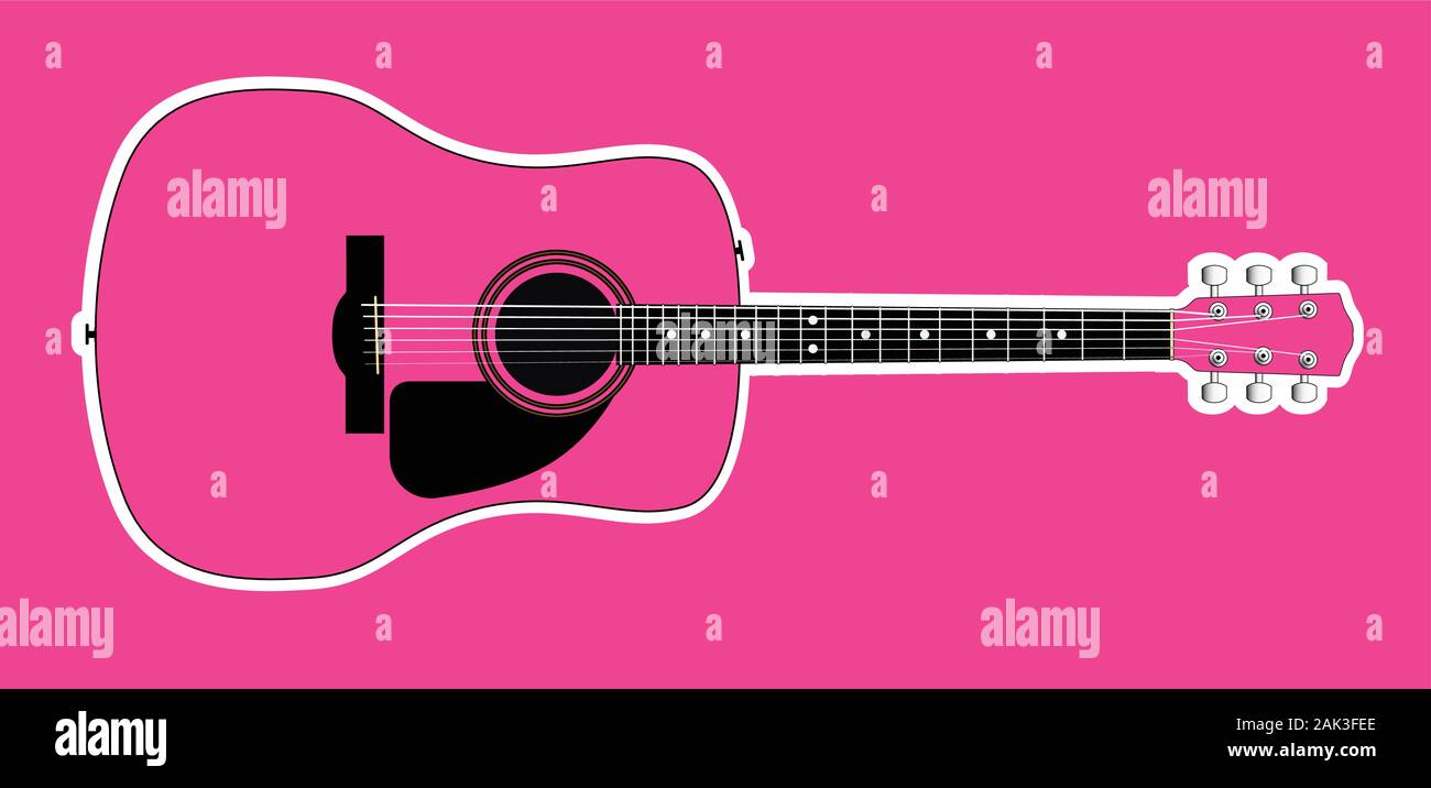 A pink acoustic guitar with white outline isolated over a pink ...