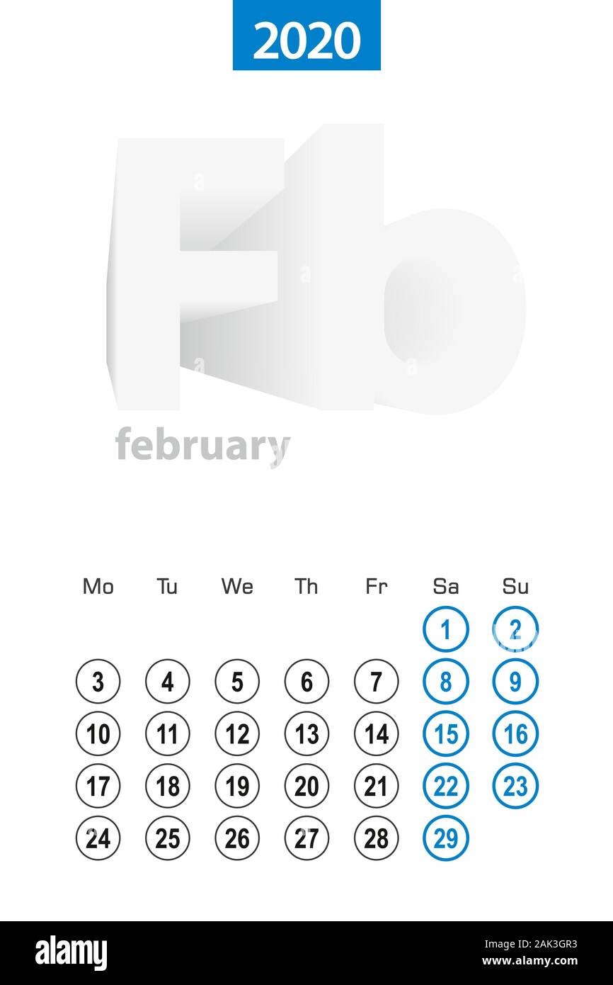 Calendar for February 2020, blue circle design. English language, week ...