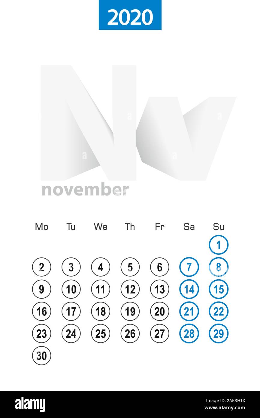 Calendar for November 2020, blue circle design. English language, week ...