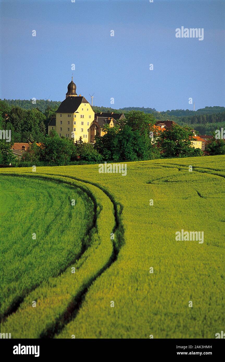A look over the fields at the porcelain city Eisfeld, Germany. It forms ...