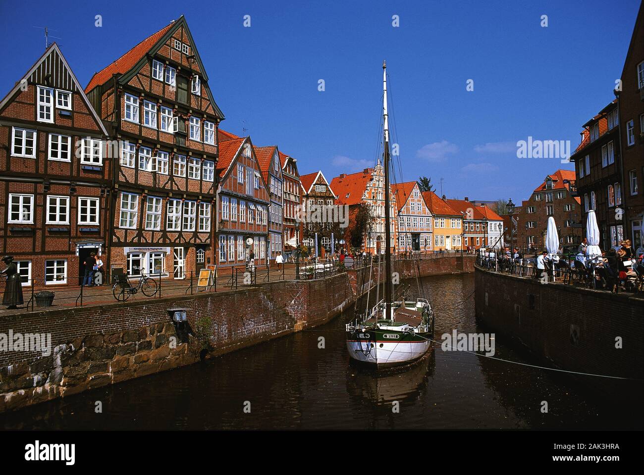 The old port in Stade with the street Wasser West is lined by restored ...
