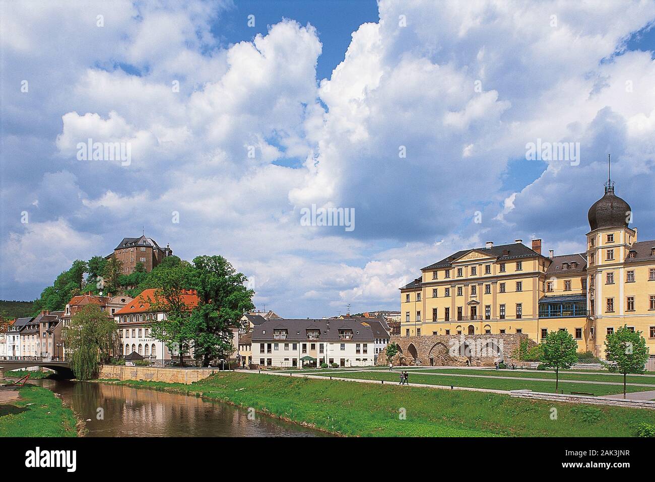 The classical town view of Greiz, Germany, with the upper and the lower ...