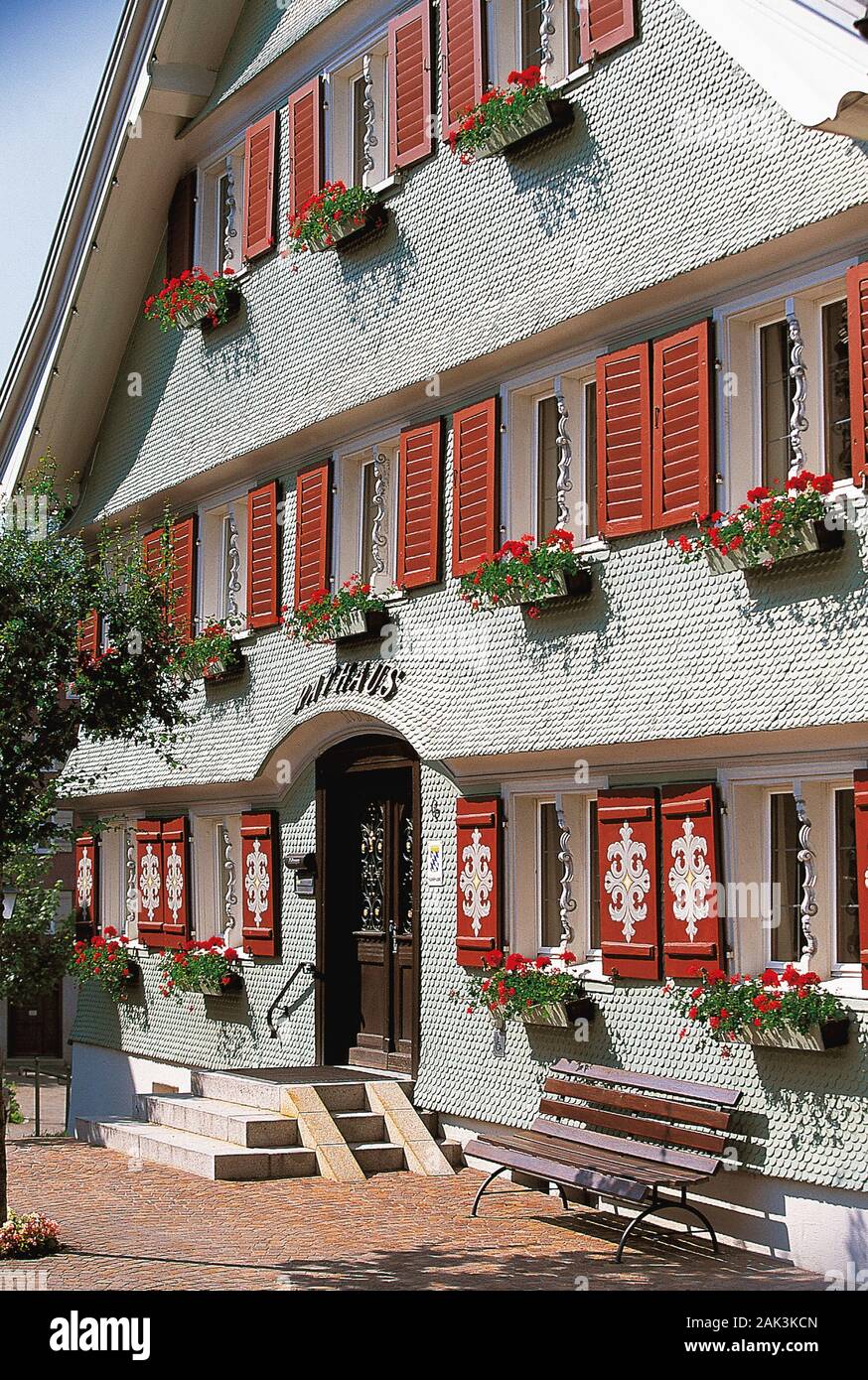 A look at the beautiful facade of the city hall in Scheidegg in the ...
