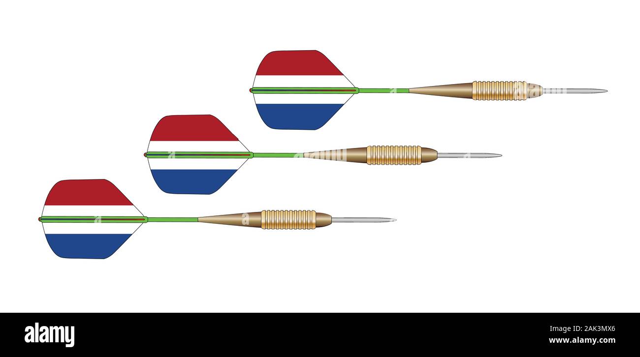 A set of 3 darts with flights in the form of the Netherlands flag on a ...