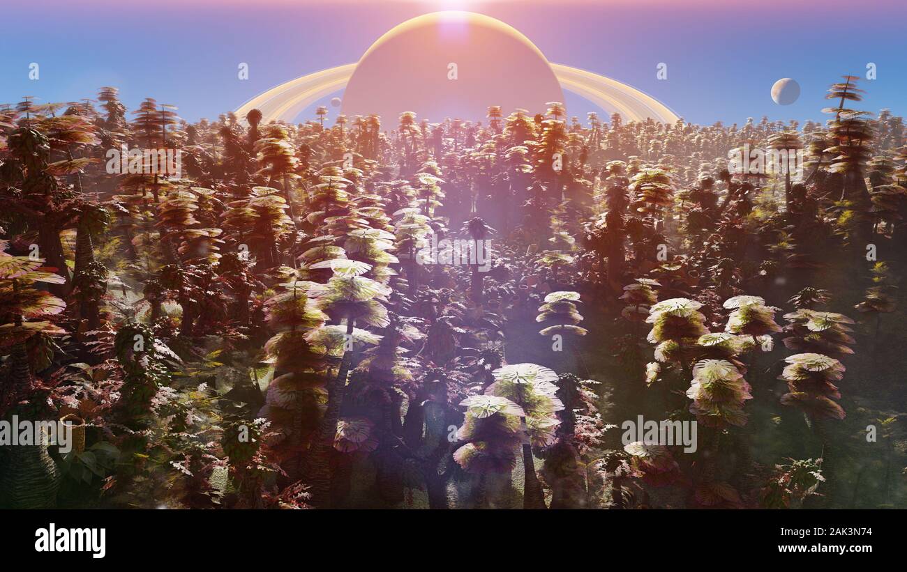 alien planet landscape, forest on the surface of an exoplanet Stock ...