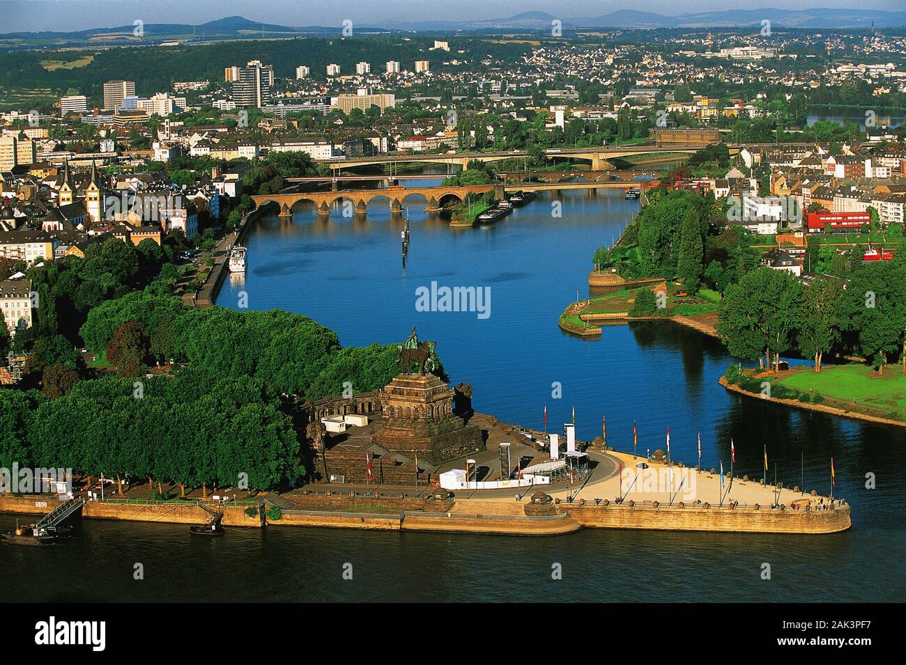View of the German Corner (Deutsches Eck) in Koblenz. Here the Mosel ...