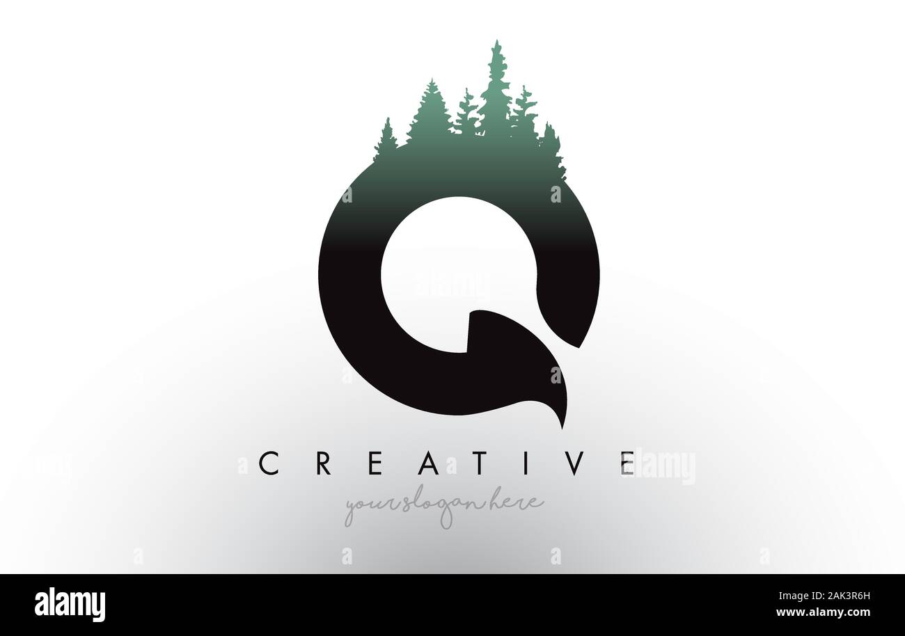 Creative Q Letter Logo Idea With Pine Forest Trees. Letter Q Design ...