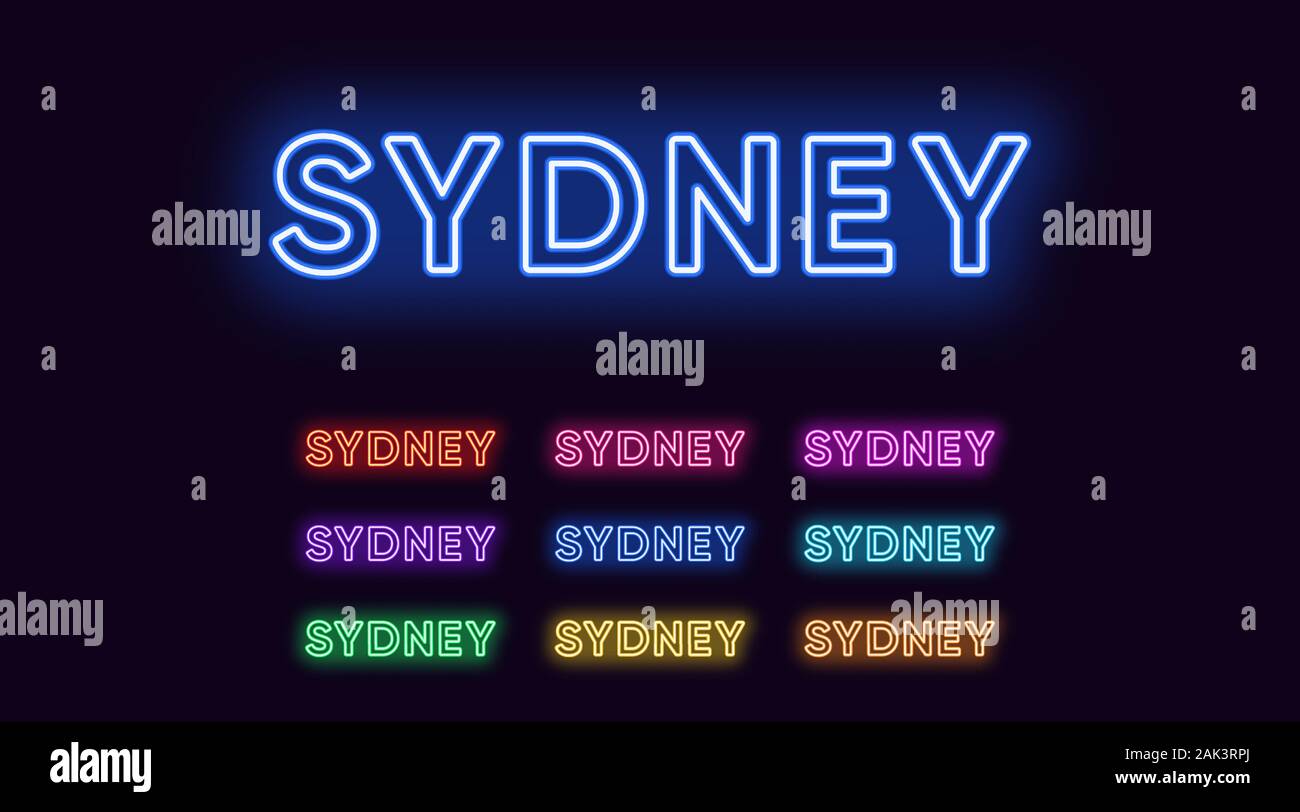 Neon Sydney name, city in Australia. Neon text of Sydney city. Vector ...