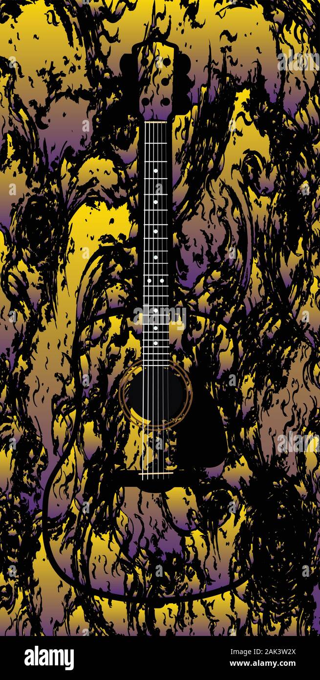 An abstract acoustic guitar outline isolated over a multi color ...