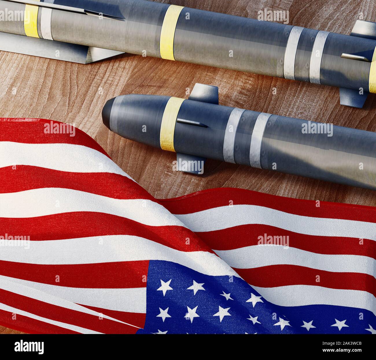 United States of America flag, nuclear atomic risk. War concept. 3d ...