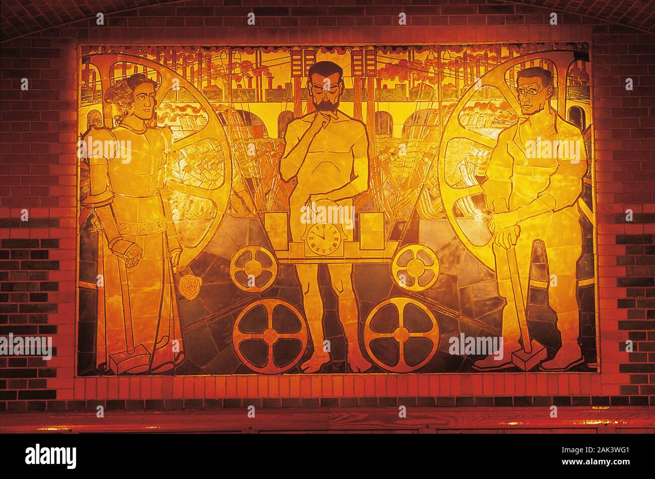 A wall painting in the Beurs van Berlage shows labor in a factory. The ...