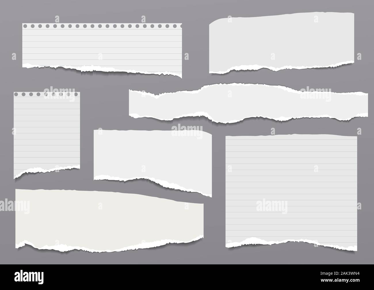 Set of torn white, lined note, notebook paper strips and pieces with ...