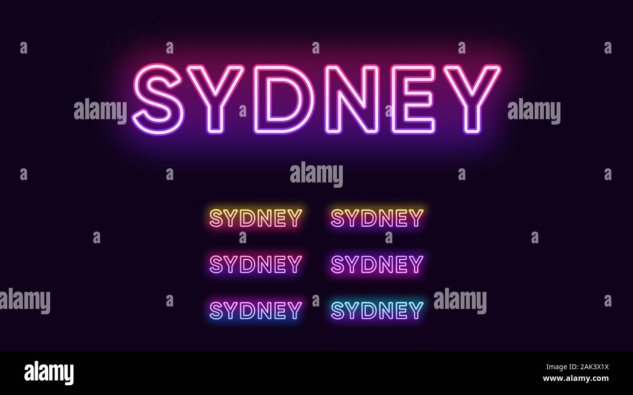 Neon Sydney name, city in Australia. Neon text of Sydney city. Vector ...