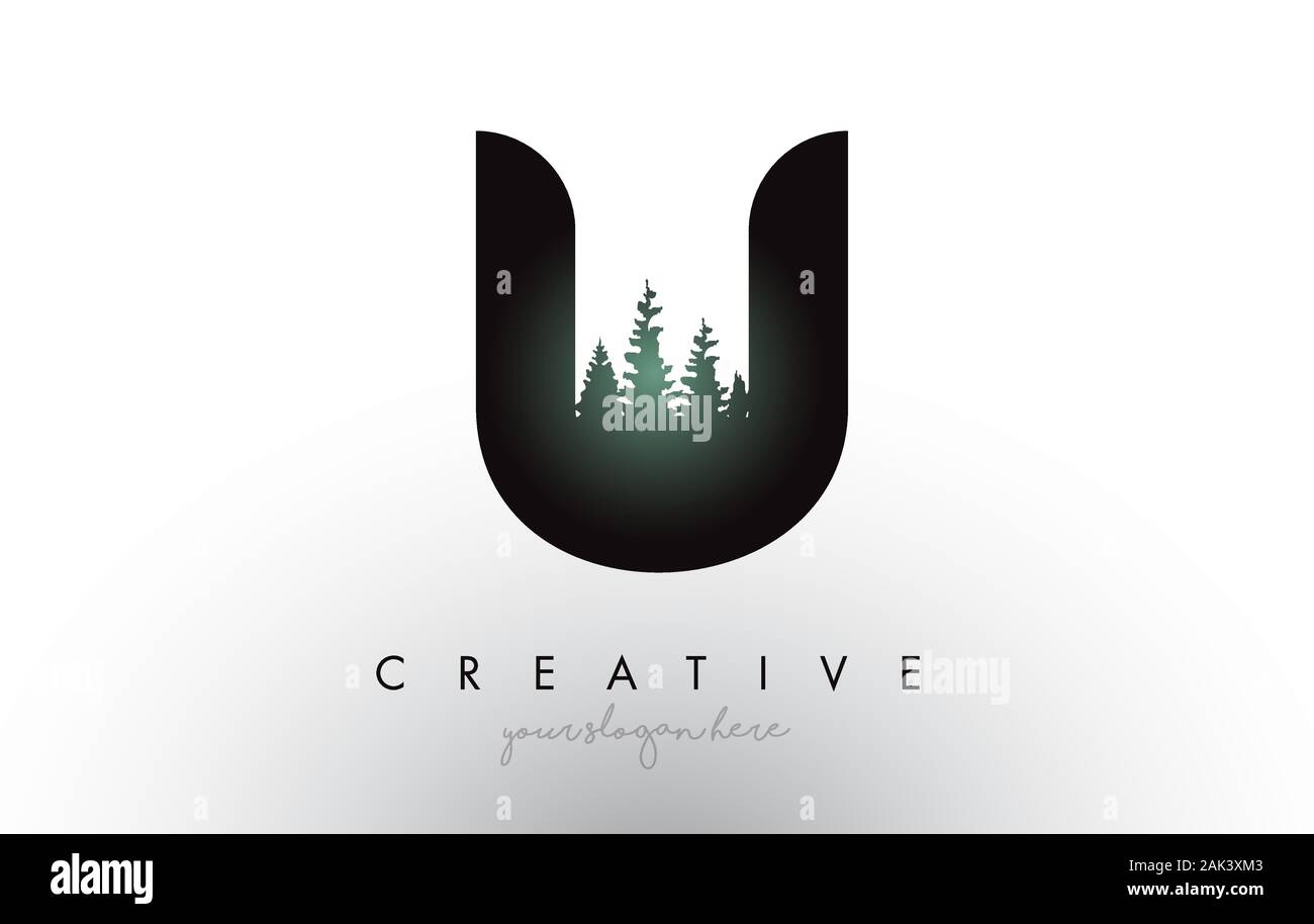 Creative U Letter Logo Idea With Pine Forest Trees. Letter U Design ...