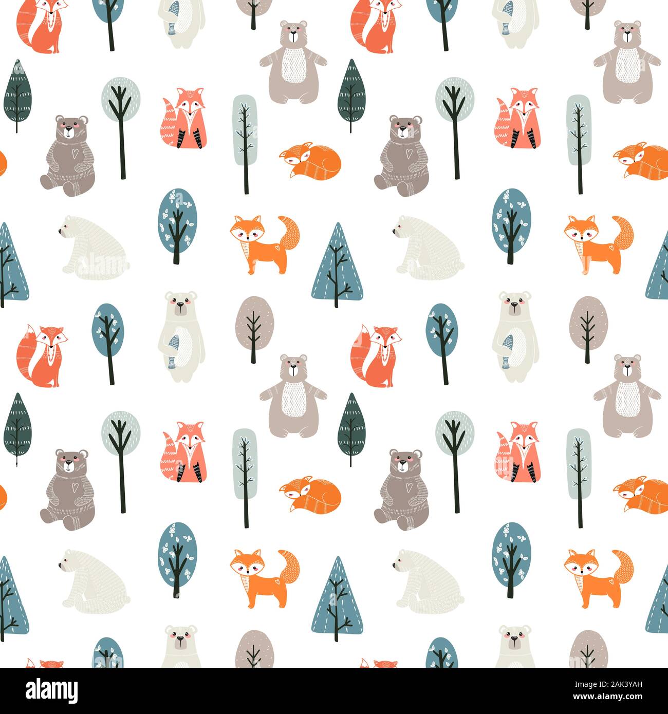 Seamless pattern with cute bears, foxs and different elements. Vector ...