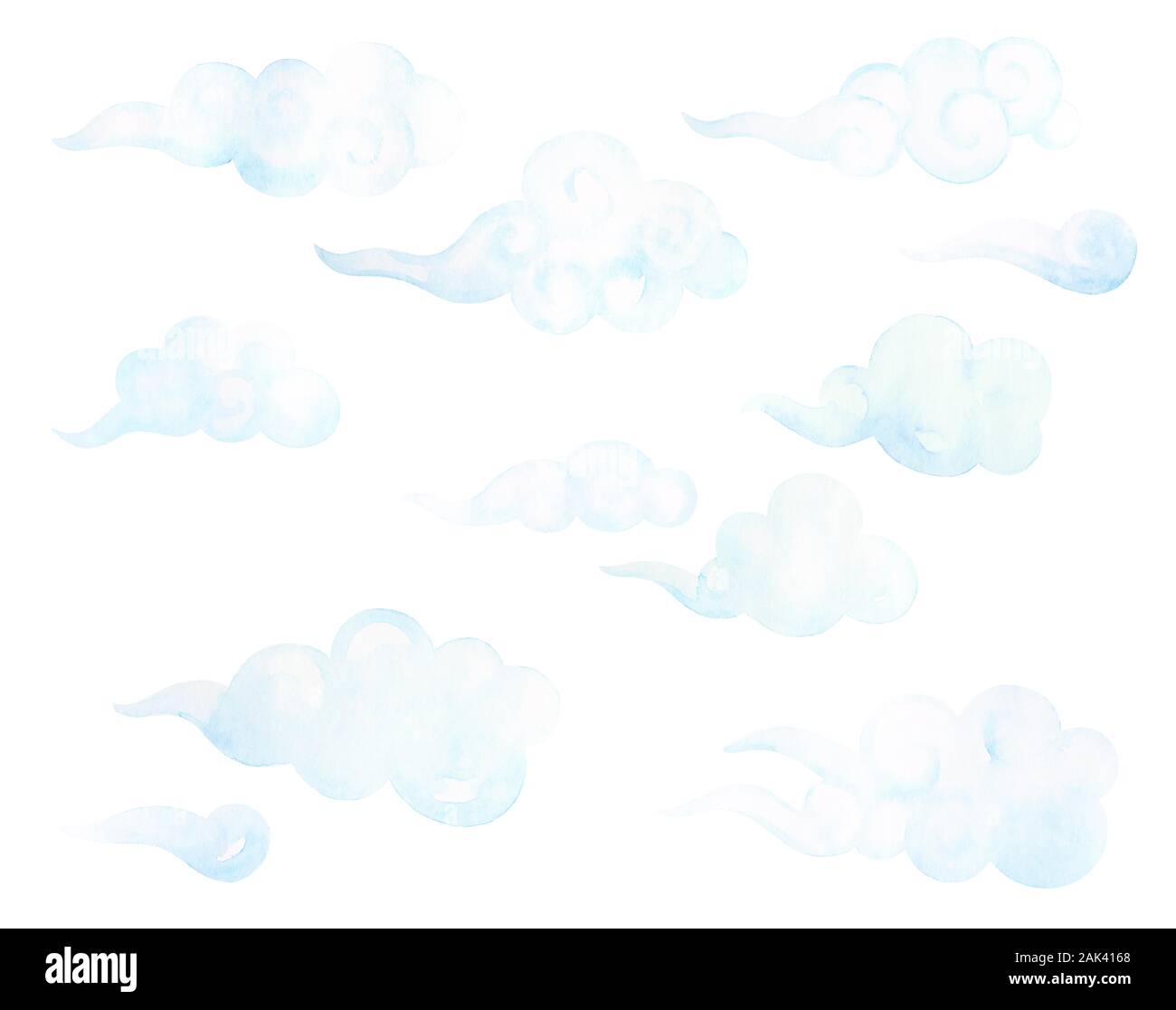 Light Blue Clouds. Set. Watercolor. Isolated elements. White background ...