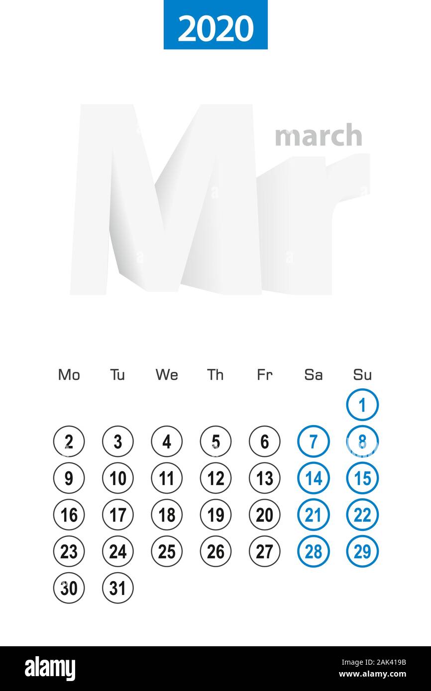 Calendar for March 2020, blue circle design. English language, week ...