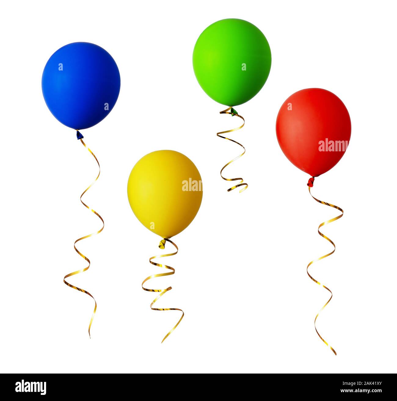 Set of red, blue, green and yellow balloons with gold ribbons isolated ...