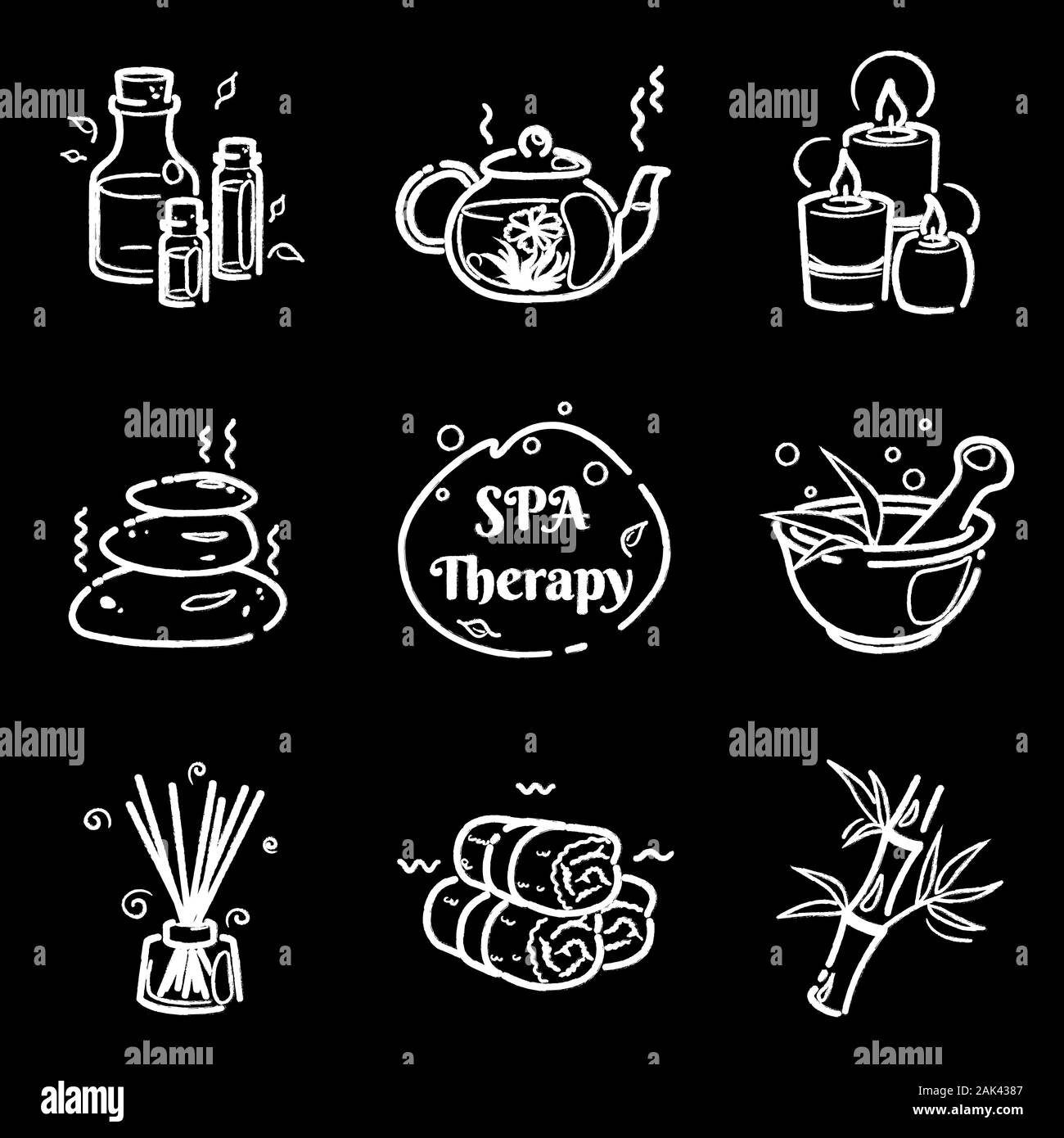 Spa therapy chalk line icons set on chalkboard for wellness salon ...